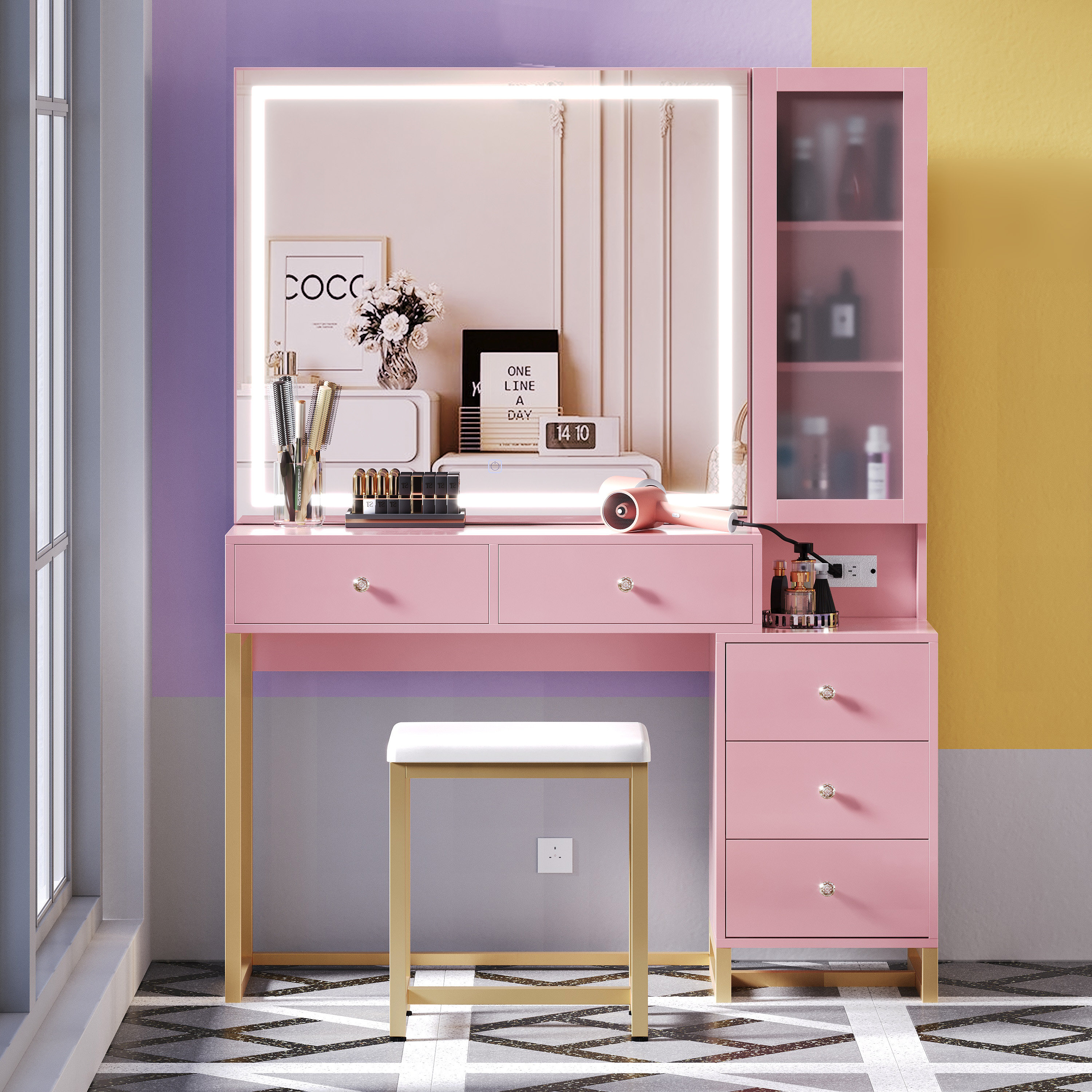 Mercer41 Pink Vanity Desk With Mirror And Lights Makeup Vanity Table With Power Outlet 5 Drawers Dressing Table With Storage Cabinet Vanity Set